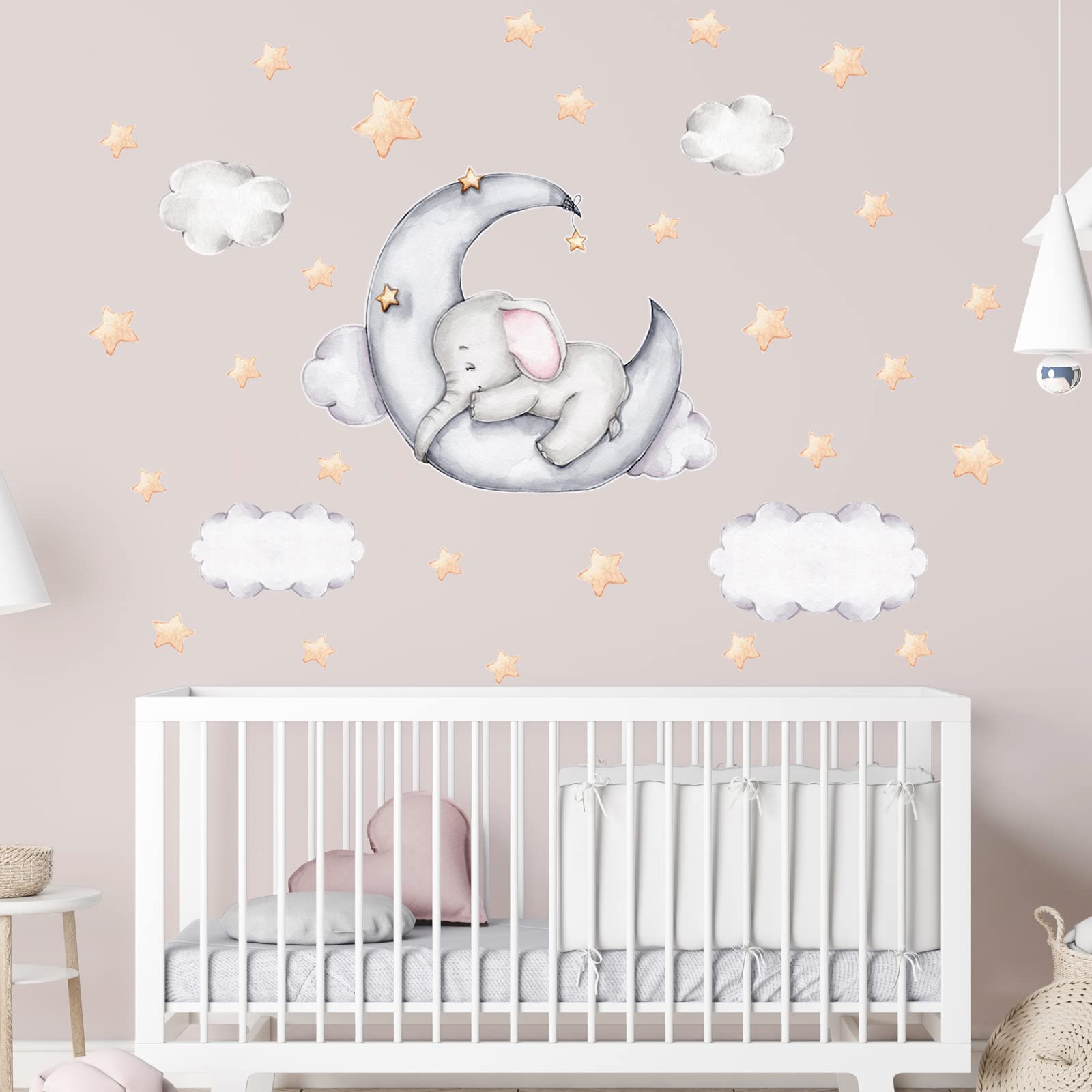 Dream Big Elephant Wall Decals Baby Room Wall Decals Moon Star Clouds Wall Decals for Nursery Kids Room Living Room Bedroom Decorations Home Decor