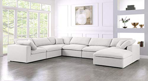Meridian Furniture Serene Collection Modern | Contemporary Deluxe Comfort Modular Sectional, Soft Linen Textured Fabric, Down Cushions, 3 Corner + 3 Armless + 1 Ottoman, Cream