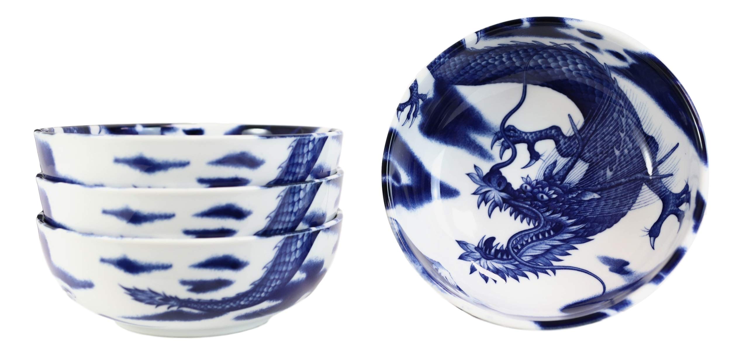 Ebros Made In Japan Vintage Design Asian Oriental Dragons Blue And White Large 42 Fl Oz Porcelain Bowls Set of 4 Feng Shui Dragon King Kitchen Dining For Udon Ramen Wonton Soup