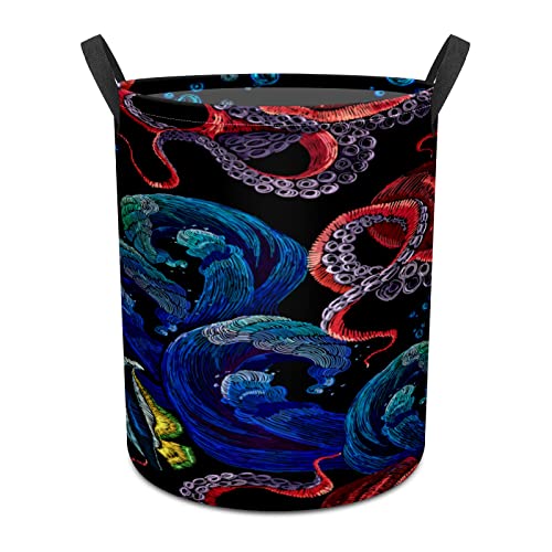 Laundry Basket Hamper with Handles Ocean Octopus Waves Fish Canvas Freestanding Dirty Clothes Hampers Waterproof Lightweight Large Storage Basket for Bedroom Dorm Clothes Towels Toys Organizer