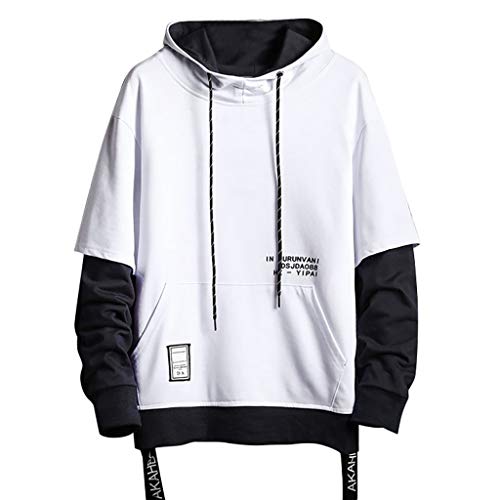 Thenlian Men's New Fashion Loose Stitching Fake Two-piece Hooded Sweater Splice Top (XXXL, White)