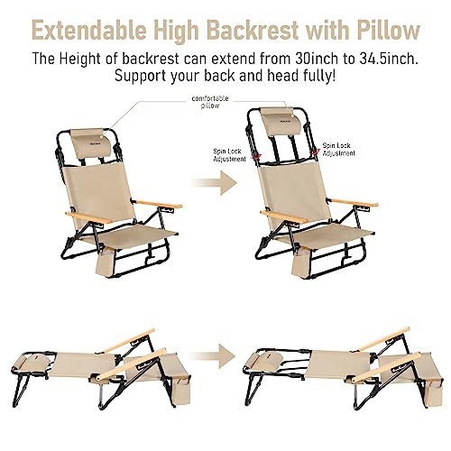 REALEAD Reclining Beach Chairs for Adults - Extendable High Back Low Profile Beach Chair with Headrest, Cooler Pouch, Cup Holder, 4-Position Lay Flat Folding Beach Chairs Heavy Duty Support 330LBS