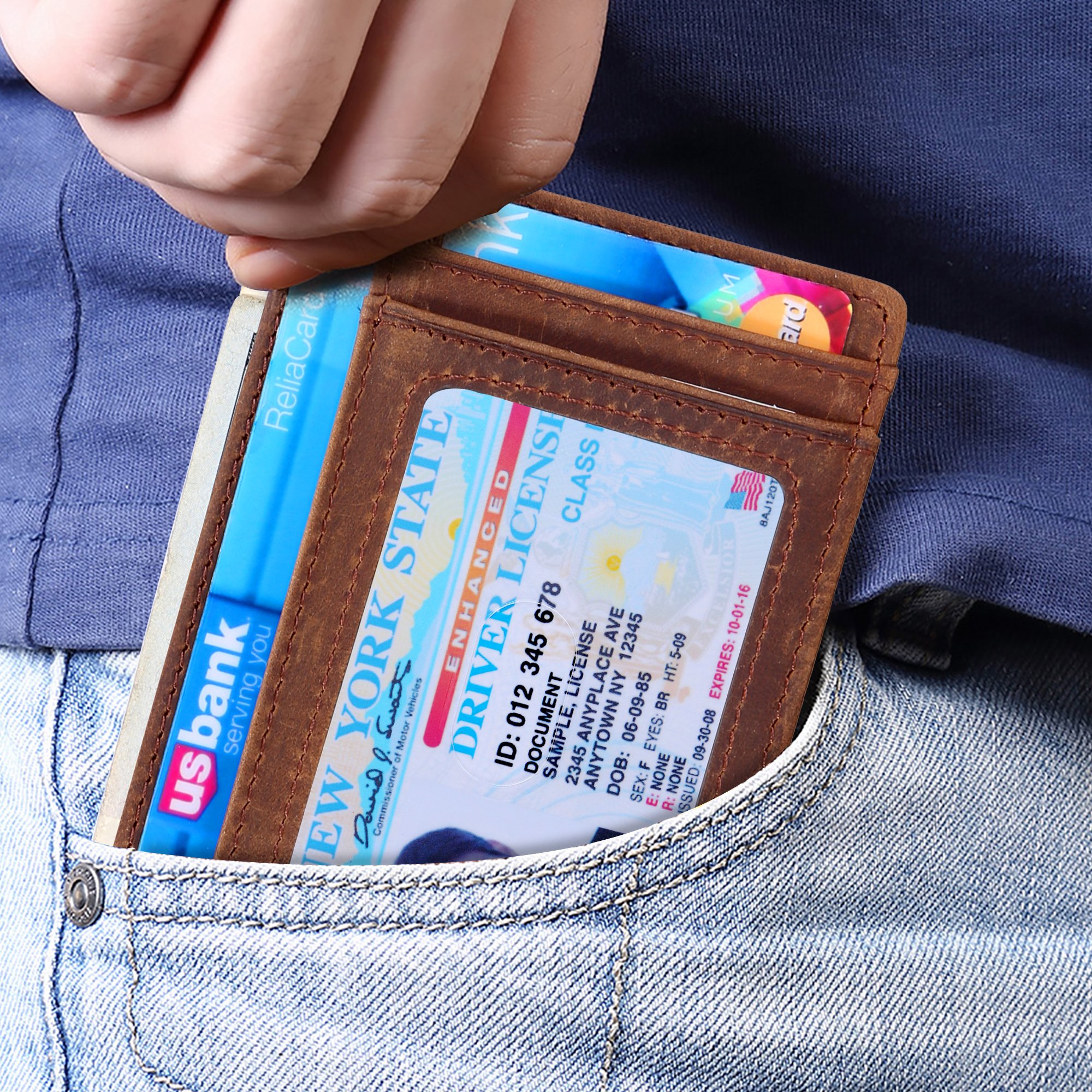 Crazy Horse Genuine Leather Minimalist Slim Wallet For Mens Front Pocket Wallet Secure Thin Small Rfid Blocking Credit Card Holder Mini Minial Khaki Wallet