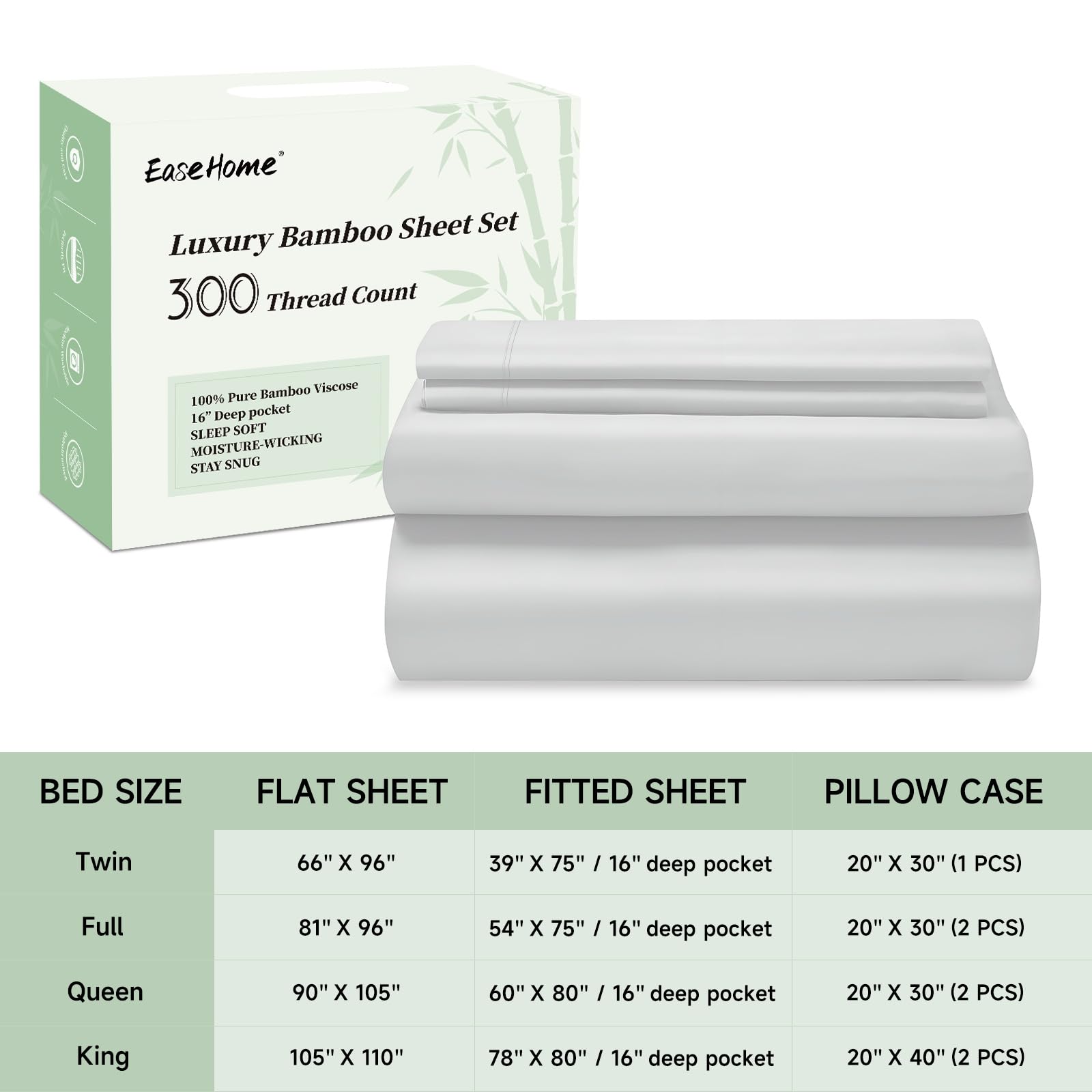 EaseHome Twin Sheets Set, Cooling Sheets, Rayon Derived from Bamboo, Twin Soft Bed Sheets for Boys and Girls, Luxury Silky Bedding Sheets & Pillowcases, White