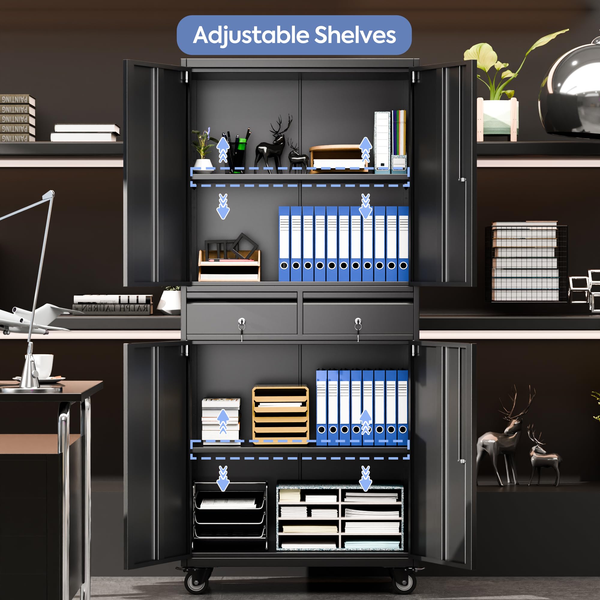 GLADIW Garage Storage Cabinet with Wheels, Metal Garage Storage Cabinet with 2 Drawers and 2 Adjustable Shelves for Homes, Offices, Kitchens, Schools and Pantries