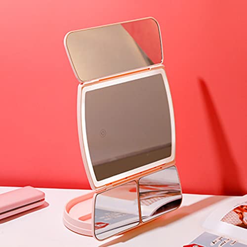 Folding Makeup Mirror Foldable Adjustable Stable Base Desktop 3-Sided Folding Makeup Mirror with Light Household Supplies Pink