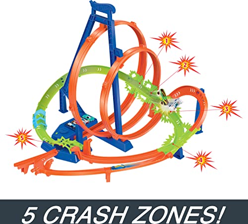 Hot Wheels Track Set, Epic Crash Dash with 5 Crash Zones, Motorized Booster and 1 Hot Wheels 1:64 Scale Toy Car, Easy Storage