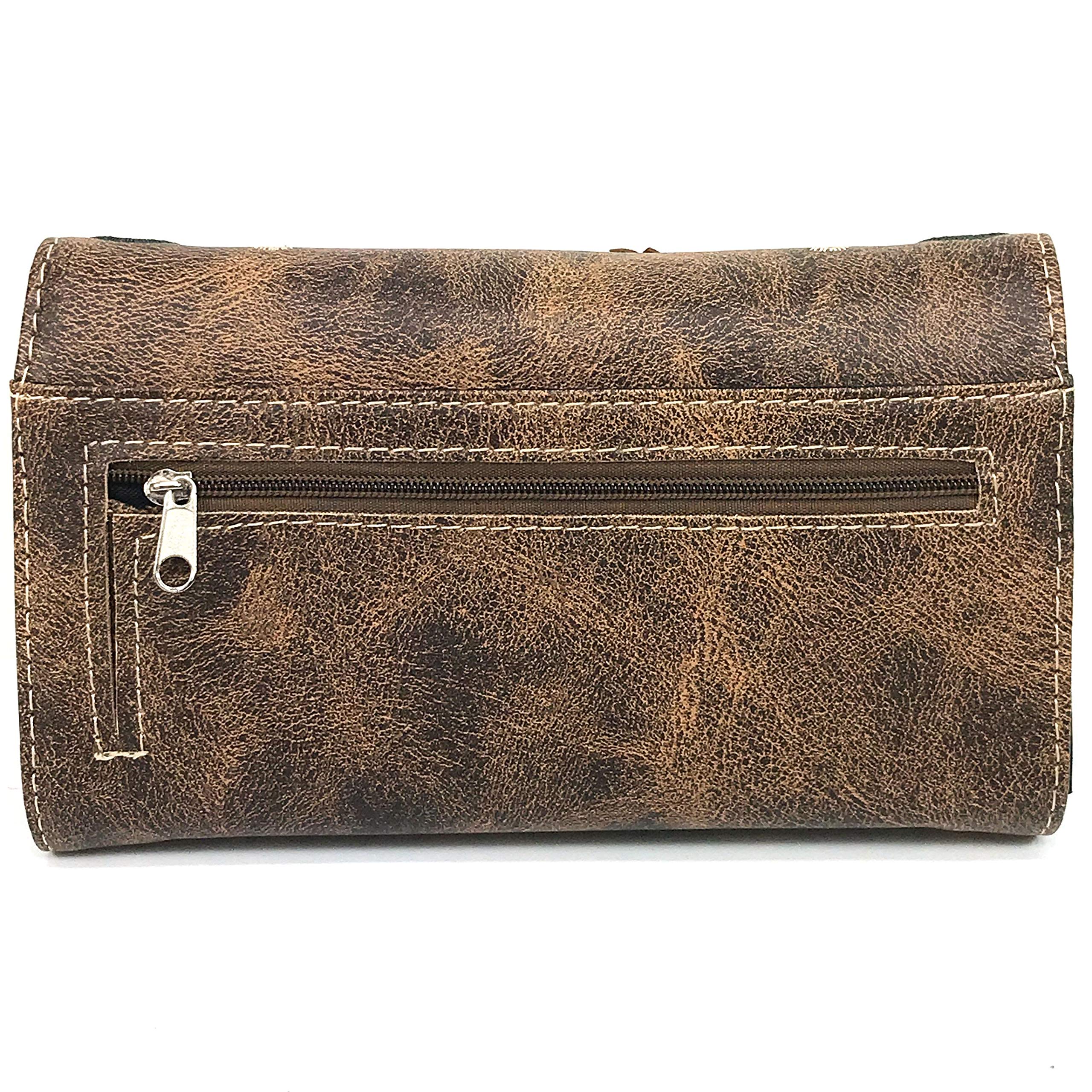 Zelris Western Mustang Horse Turquoise Women Crossbody Wrist Trifold Wallet (Brown)