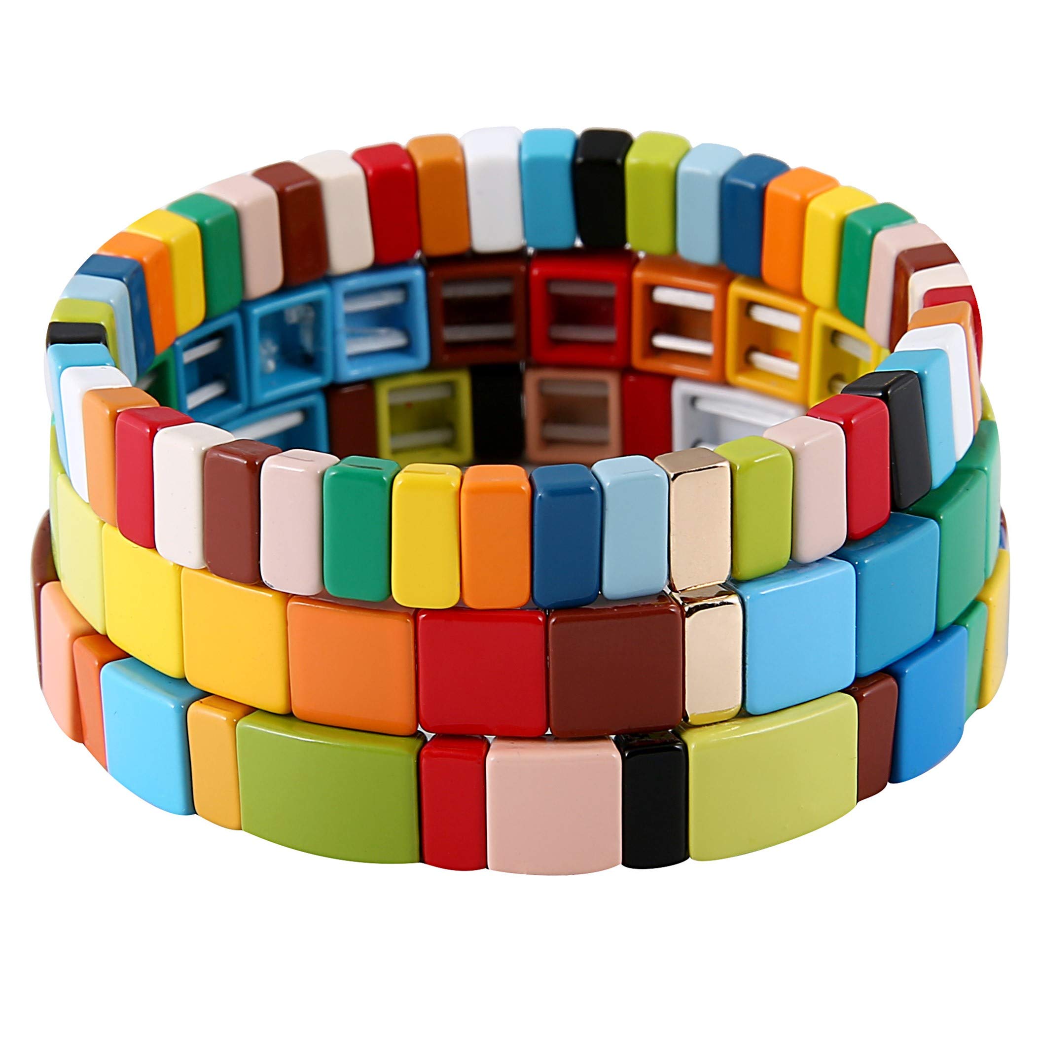 Coolcos Tile Bracelets Stackable Enamel Stretch Tile Bracelet Rainbow Colorblock Beads Bracelets Bohemian Strand Bracelets for Lady Women & Men (A Colorblock Stripe)
