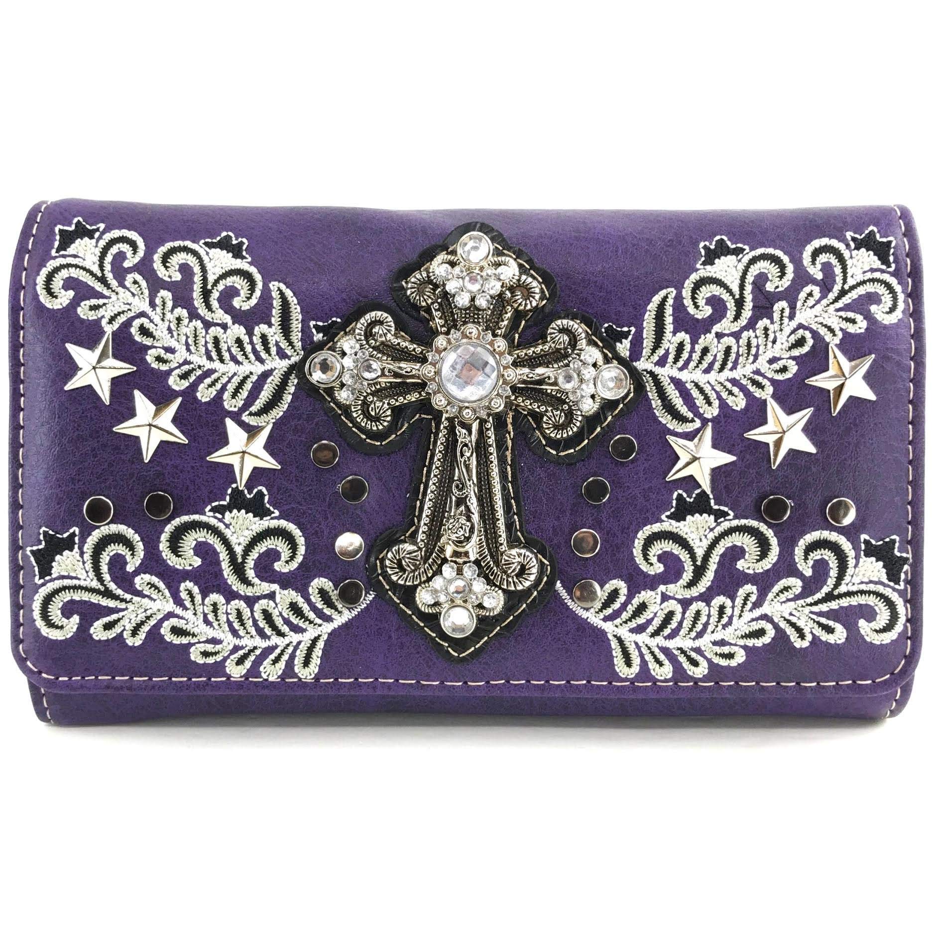 Zelris Western Cross Floral Women Crossbody Wrist Trifold Wallet (Purple)