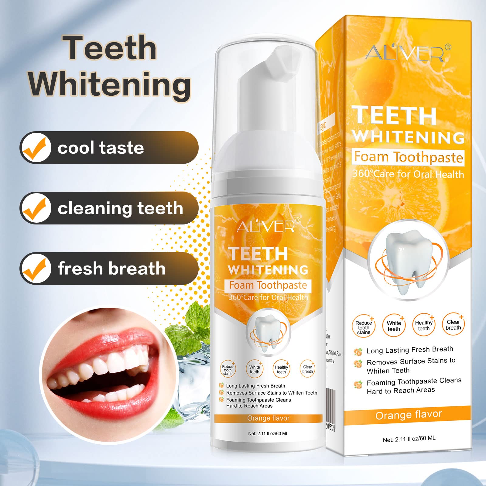 Foaming Toothpaste 2 Pack, Reduce Stains, Whiten Teeth, Prevent Calculus, Freshen Breath, Protects Gums, Oral Care, Press to Foam, Delicate and Smooth Foaming, Fruit Flavor
