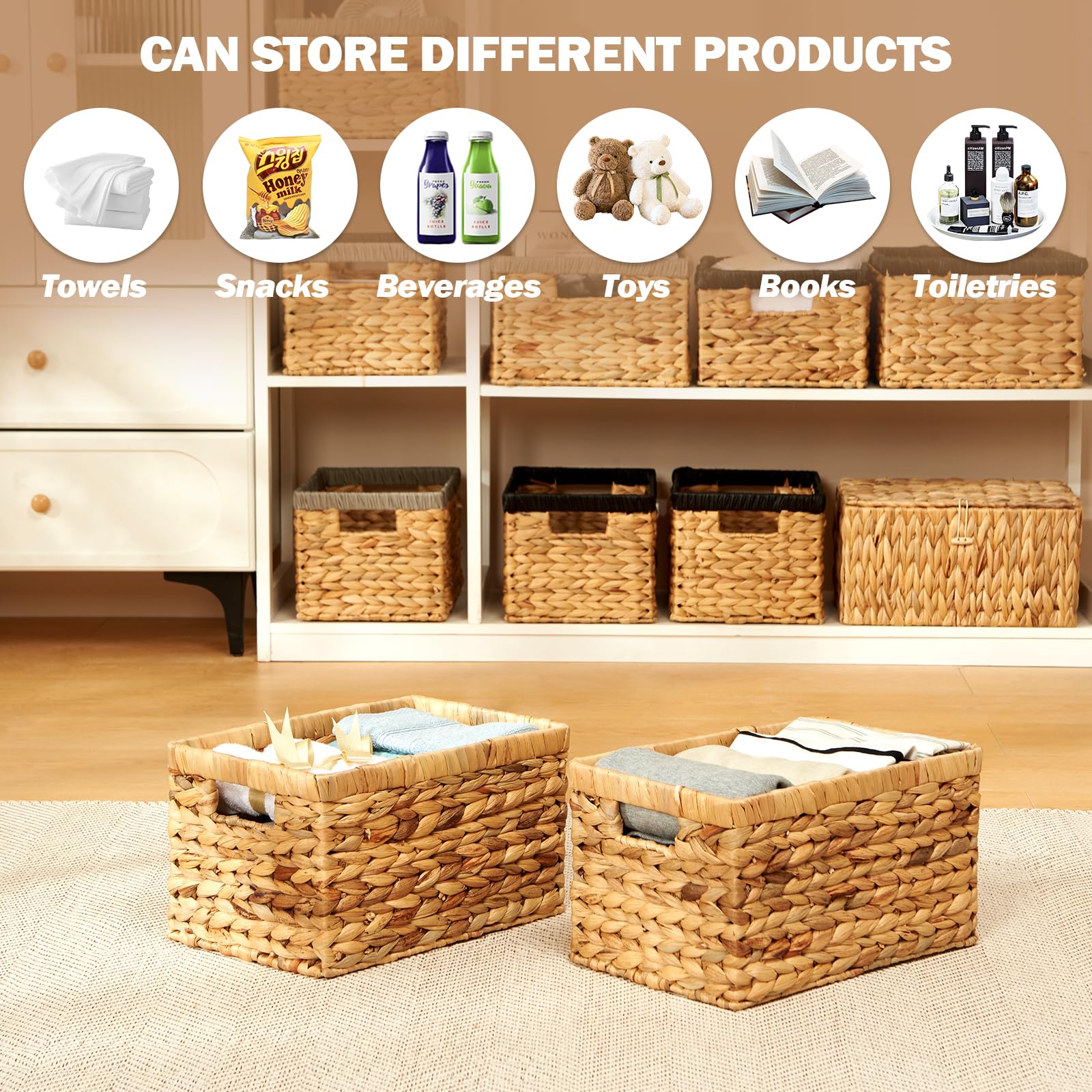 Edergoo Wicker Storage Basket, Water Hyacinth Storage Baskets with Built-in Handles, Large Wicker Baskets for Storage, 2 Pack Wicker Baskets for Organizing, Natural