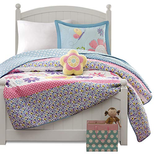 Mi Zone Kids Crazy Daisy Bedding For Girls Reversible Quilt Set - Sky Blue, Pink , Flowers, Butterfly, Polka Dots Reverse β Ultra Soft Microfiber Coverlet, Twin 3 Piece