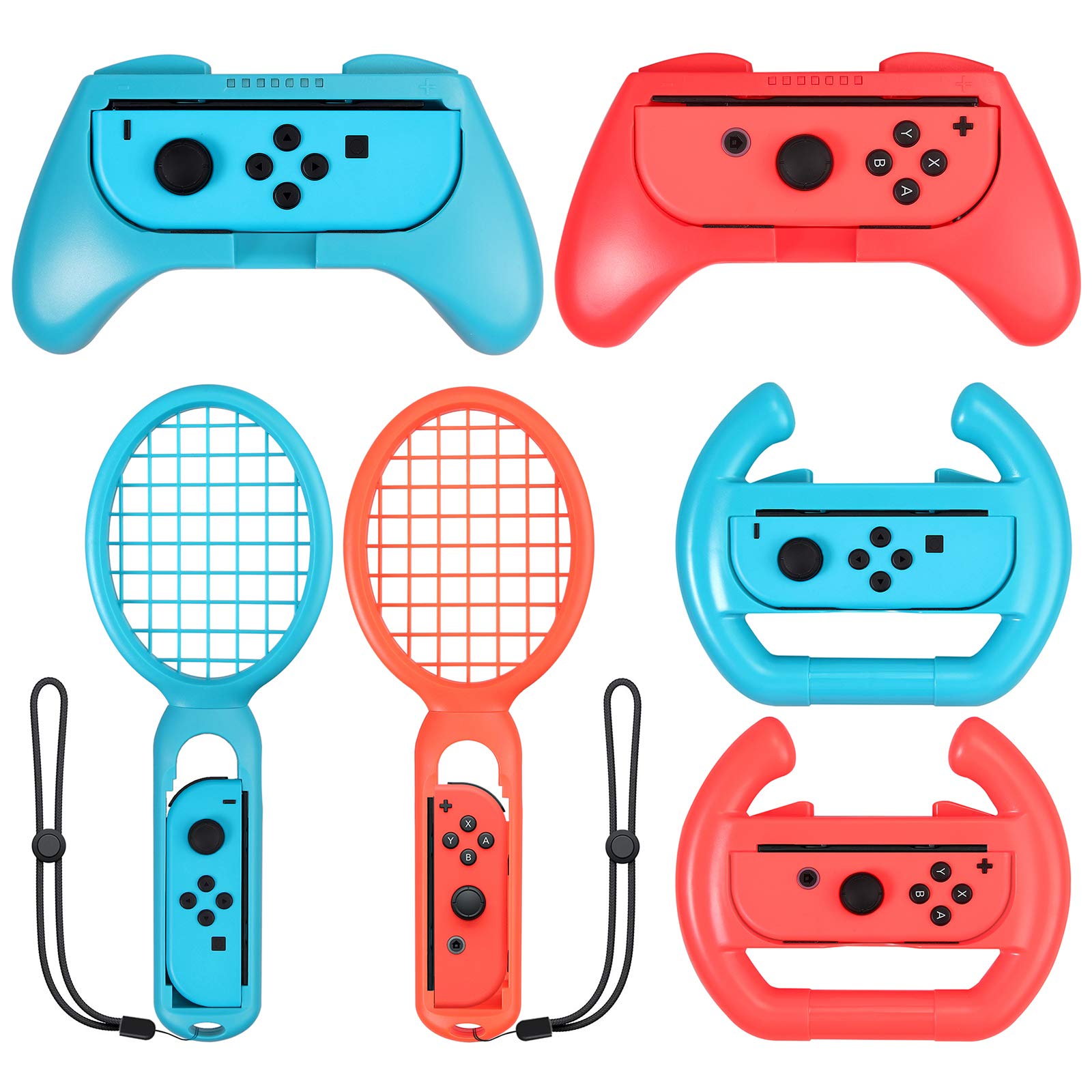 CAMWAY Game Accessories Bundle for Nintendo Switch Joy-Con With Switch Grip,Gaming Tennis Racket, Gaming Steering Wheel, Accessories for Mario Tennis Aces Game, Switch Controller Grip Handle Kit