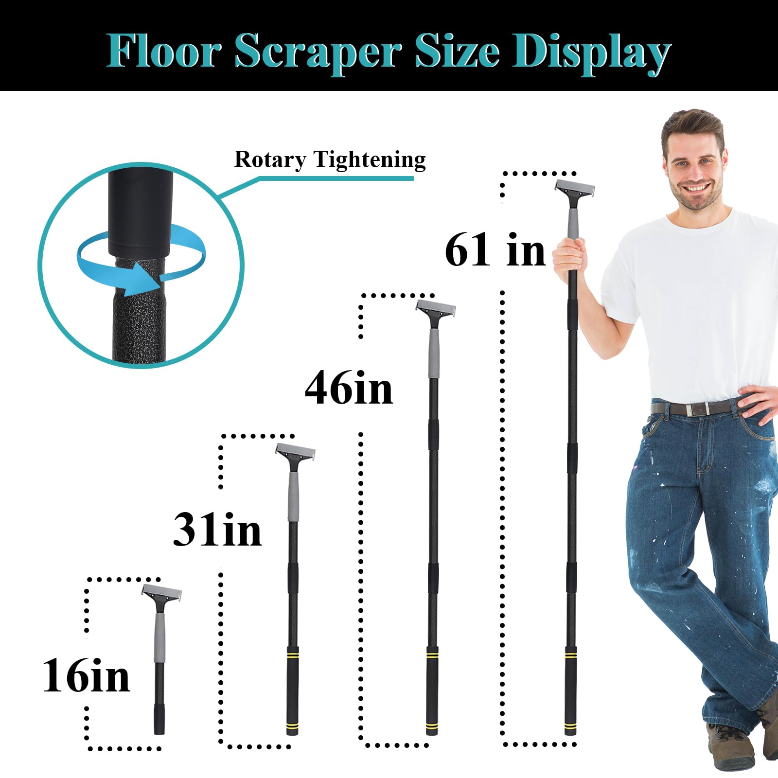 Frebuta Floor Scraper Long Handle Heavy Duty,16 to 31In 4 inch Razor Blades Floor Scraper with 10PC Floor Blades Sponge Handle Iron Tube Scraper for Cleaning Quick and Easy Removal Price Stickers
