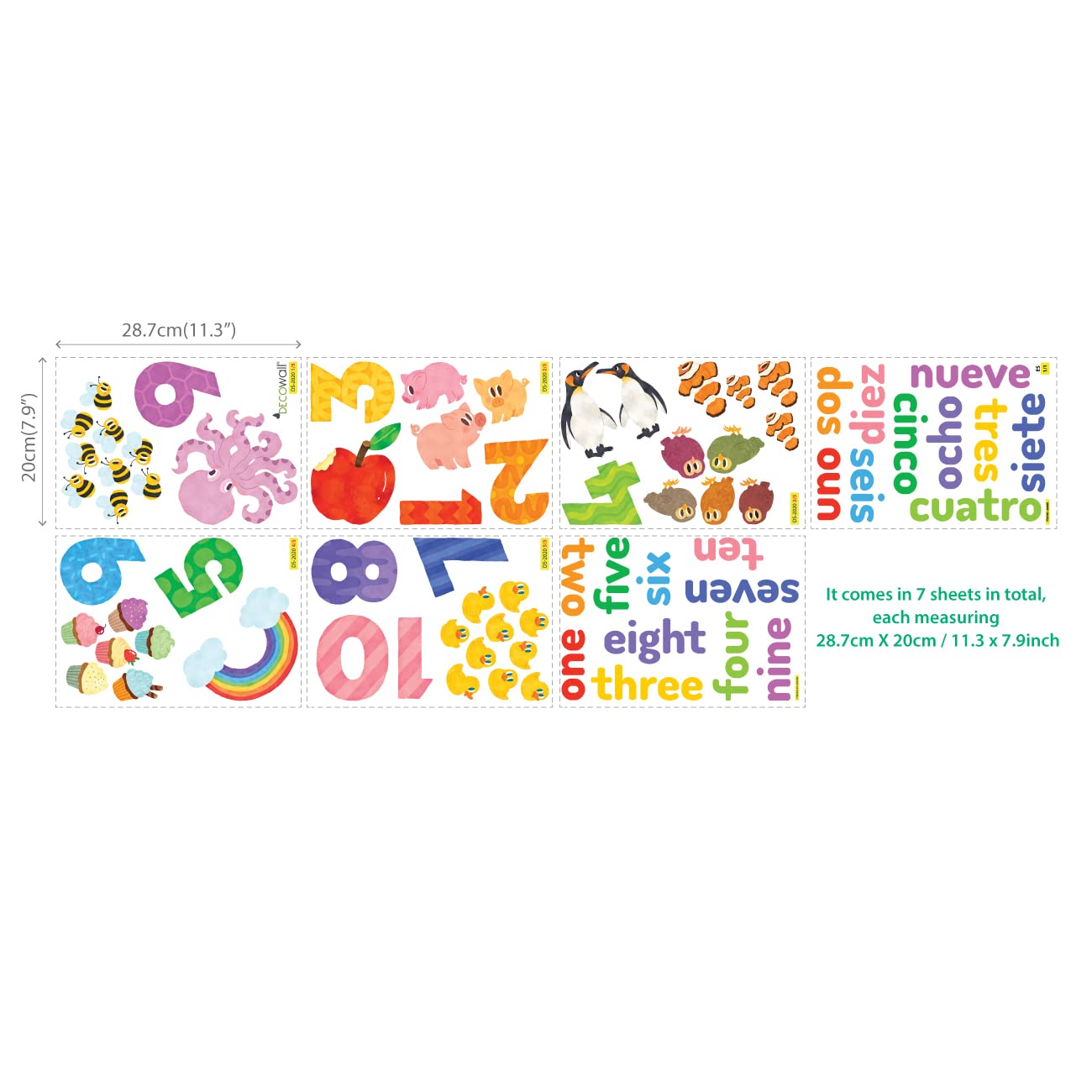 DECOWALL DS-2020ES Numbers Spanish + English Wall Decals Stickers Peel and Stick Removable Wall Stickers for Kids Nursery Bedroom Living Room