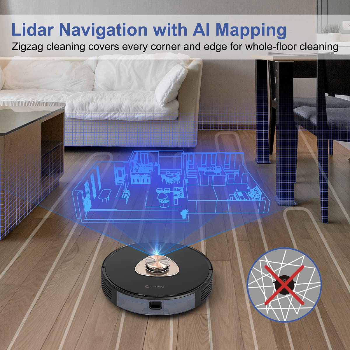Coredy L900 Robot Vacuum Cleaner, Smart Laser Navigation, Precision AI Mapping Technology, Compatible with Alexa, 2-in-1 Vacuum & Mop Robotic Vacuum, 2700pa Power Suction Ideal for Pet Hair