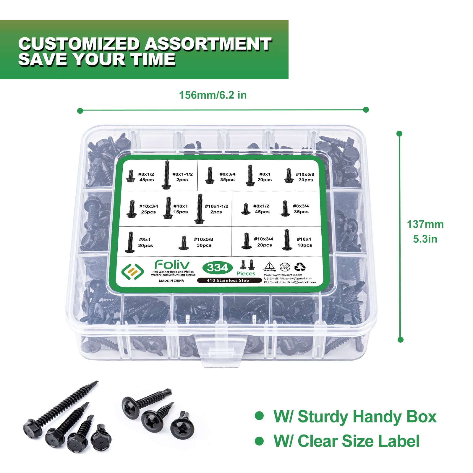 FOLIV 334PCS #8 & #10 Black Self Tapping Screws, 410 Stainless Steel Metal Assorted Screws Assortment Kit, Hex Washer Head & Modified Truss Head Black Oxide Self Drilling, 12 Different Sizes