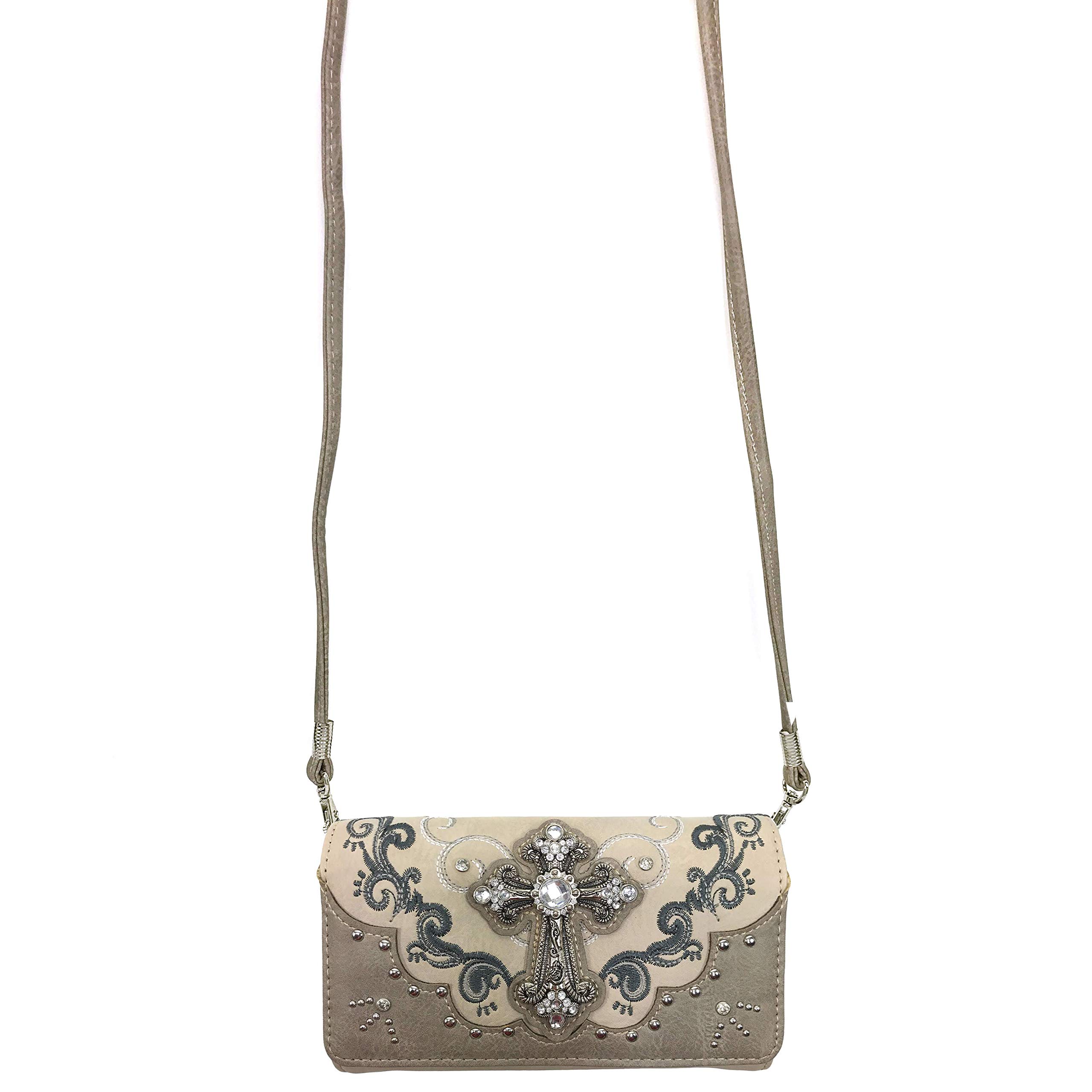 Zelris Western Silver Cross Turquoise Women Crossbody Wrist Trifold Wallet (Beige)