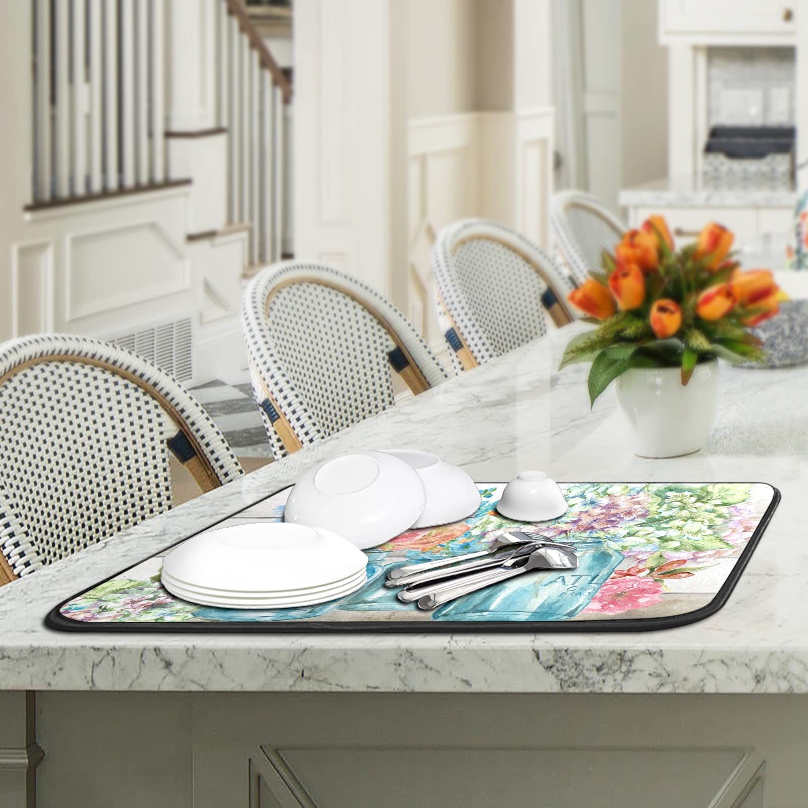 Drying Mat for Kitchen Counter Country Daisy Flowers Dish Drying Mat Dry Mat for Dishes Dish Rack Mat Coffee Bar Mat Dish Drain Mat Drying Mats for Countertop Coffee Mat