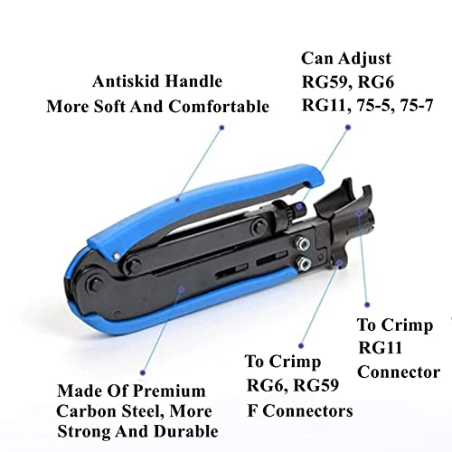 Gaobige Coaxial Compression Tool Coax Cable Crimper Kit Adjustable rg6 rg59 rg11 75-5 75-7 Coaxial Cable Stripper with 10pcs F Compression Connectors - Blue