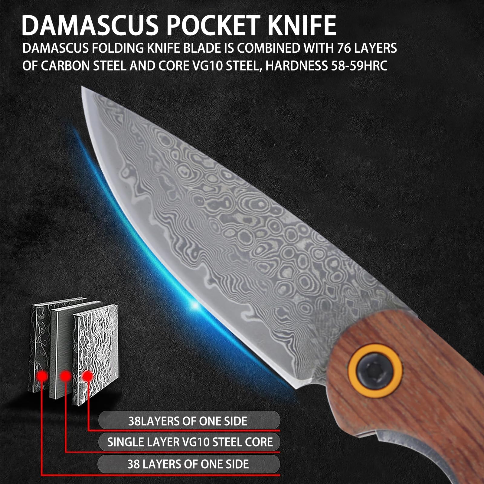 Generic Damascus Fold Pocket Knife,Gift for Men and Women with Pocket Clip,Wooden Handle EDC Knife for Camping,Hunting