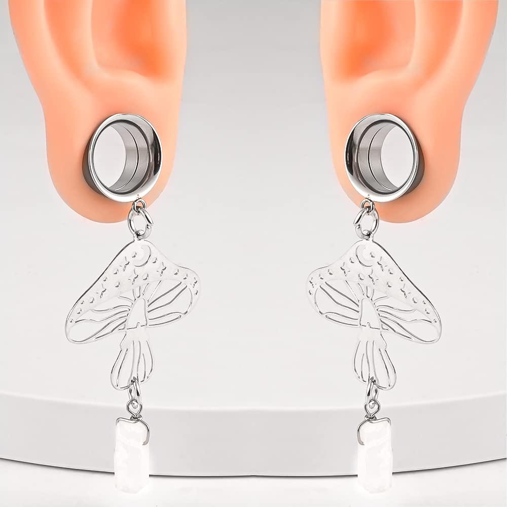 DOEARKO 2PCS Mushroom-Pendant Natural Stone Hypoallergenic Stainless Steel Dangle Ear Plugs Tunnels Ear Gauges Stretcher Pair Selling 2g 0g Piercing Body Jewelry (8mm(0G), Silver)
