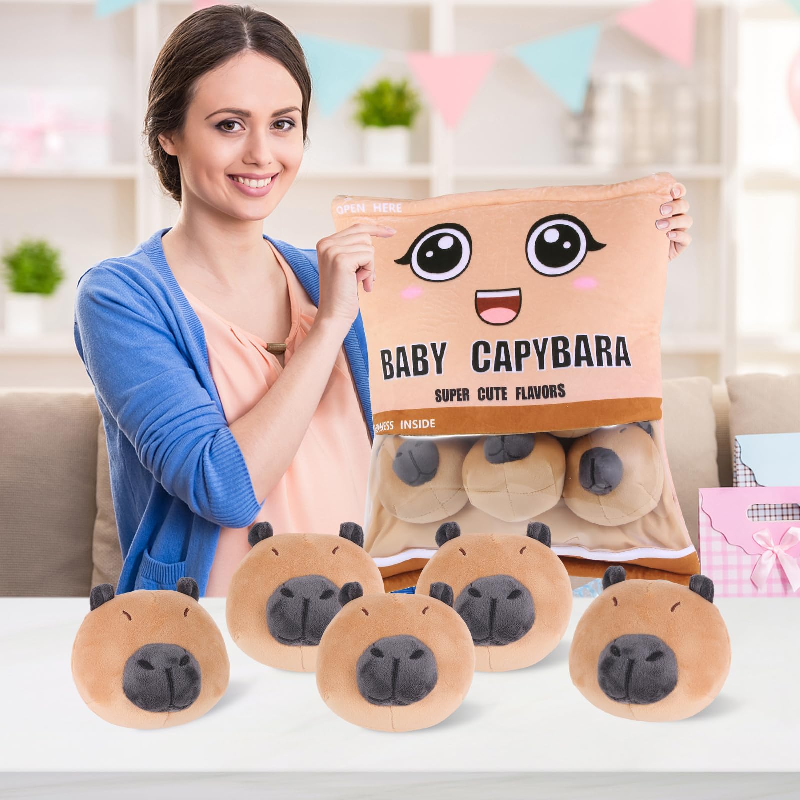 Frankiezhou Home Capybara Snack Bag Plush Pillow, Removable Stuffed Animals with 6 Mini Capybara Stuffed Animals Kawaii Pudding Pillow Plush Decor for Kids
