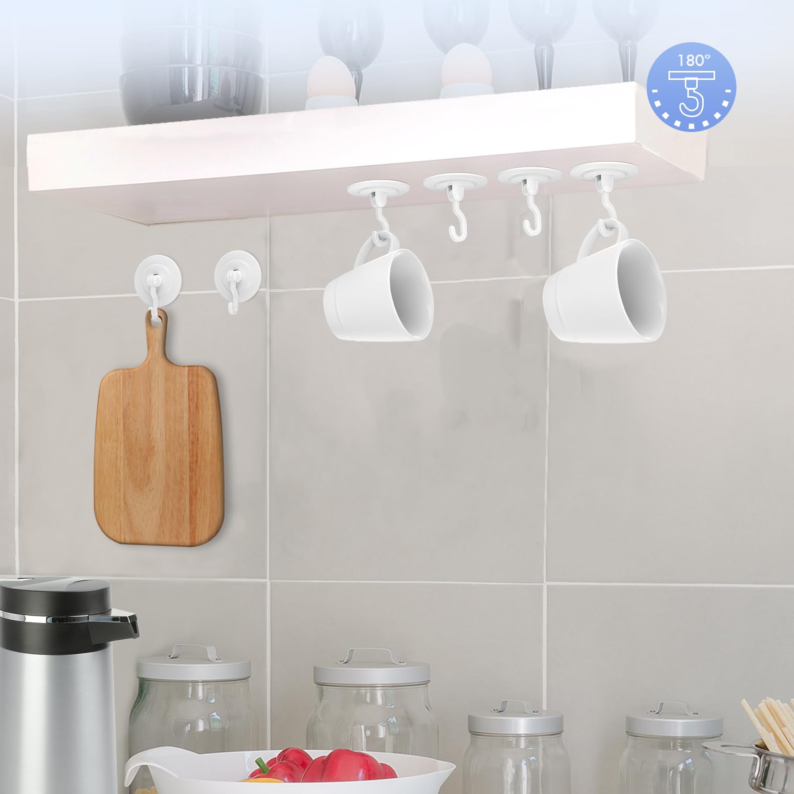 CHOOBY Adhesive Hooks Wall Ceiling: Heavy Duty Damage-Free No-Drill Waterproof Self Stick Cabinet Hook Hanging Small Plant Towel Lights Coat for Door Shower Bathroom Kitchen - 4Pack White