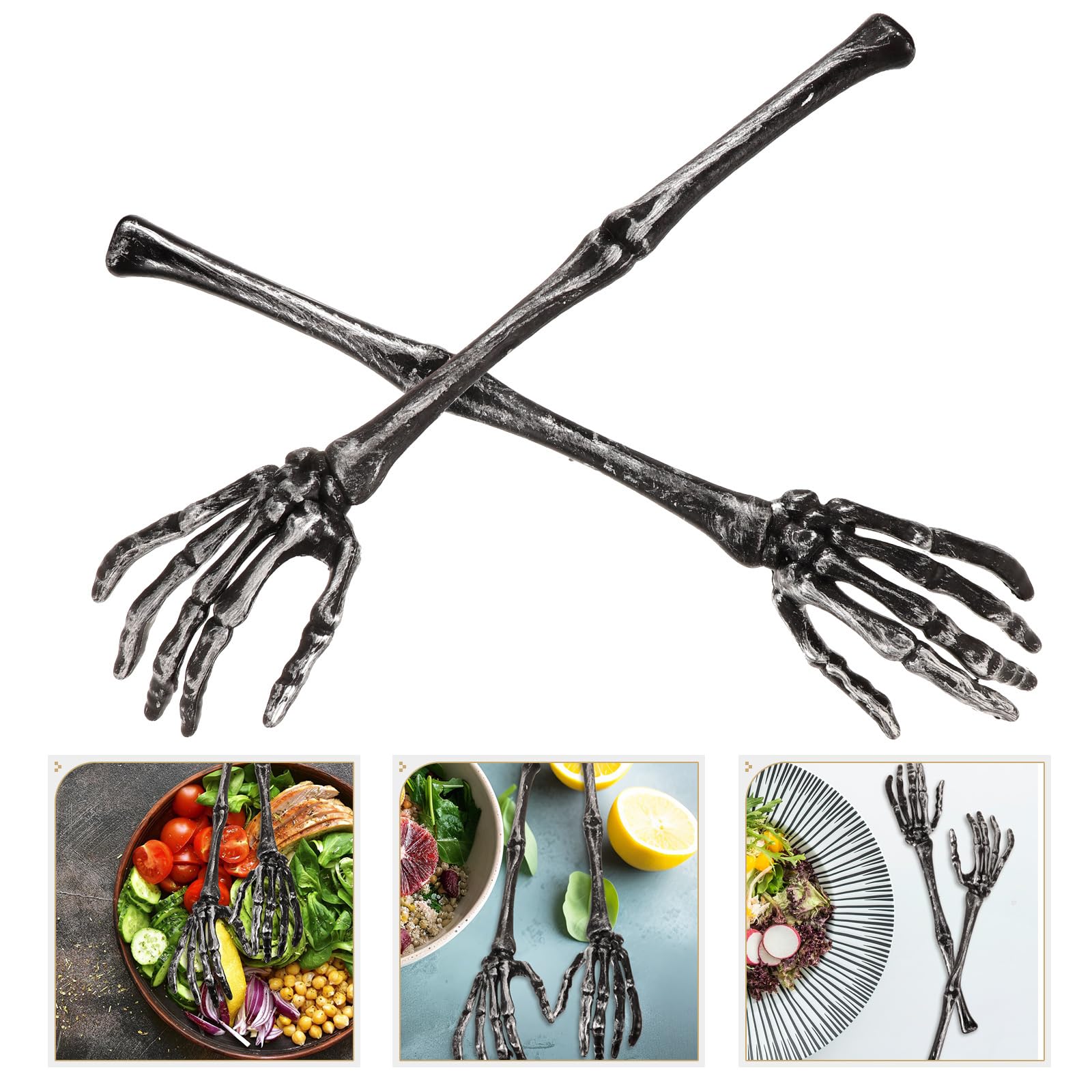 Hemoton 8pcs Halloween Skeleton Hands Salad Tongs Skull Salad Spoon Skeleton Arm Serving Forks Appetizer Kitchen Tableware for Haunted House Party Utensils