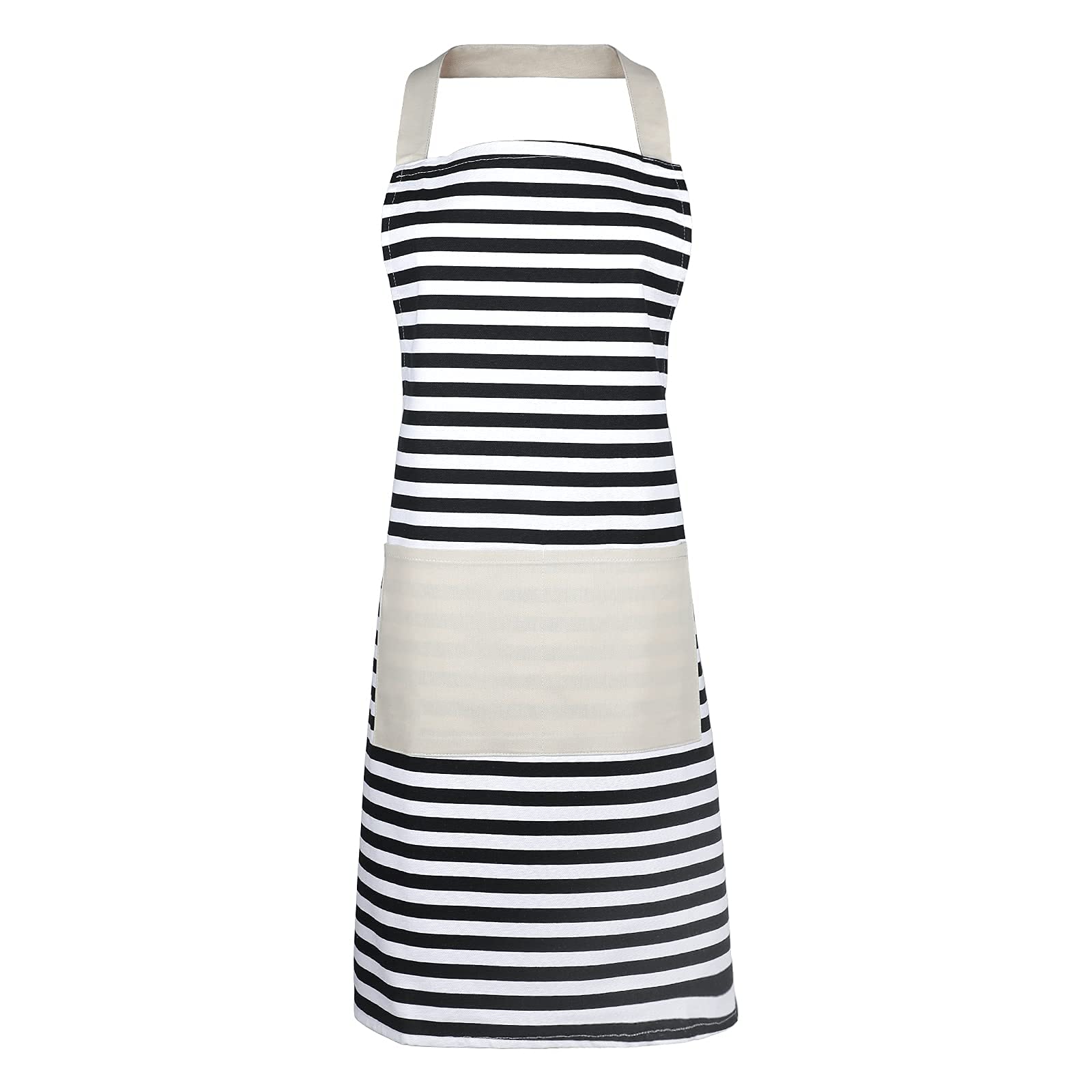 FirstKitchen Kitchen Apron Women, Canvas Apron with Pockets, Black and White Striped Apron, Cooking Aprons for Women, Men Chef, Kitchen Bib Apron for Baking, Grilling and Gardening