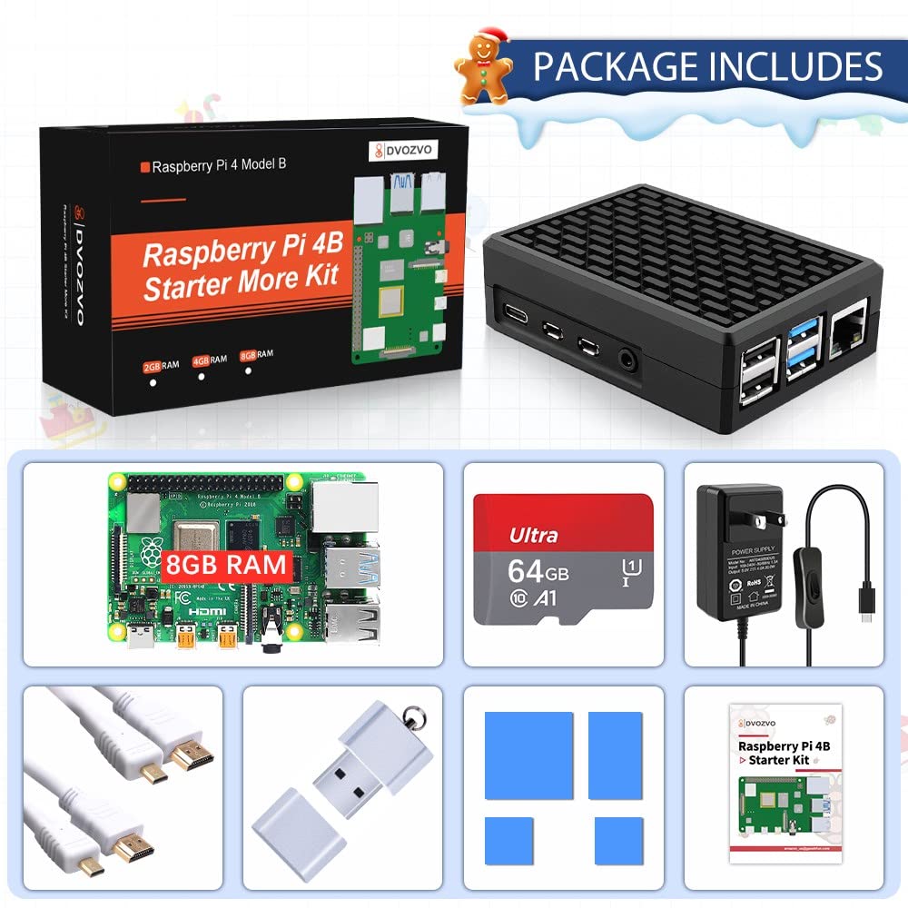 DVOZVO Raspberry Pi 4 8GB Starter Kit, 5V 4A Raspberry Pi 4 Power Supply with ON/Off Switch,Raspberry Pi 4 Aluminum Case,4K HDMI Cables for Raspberry Pi 4B - 64GB Edition (8GB RAM)