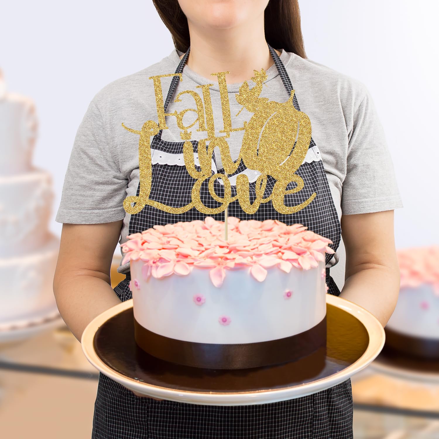 Glitter Fall in Love Cake Topper - Autumn Happy Anniversary Cake Topper, Pumpkin Wedding Engagement Bridal Shower Party Decorations Gold