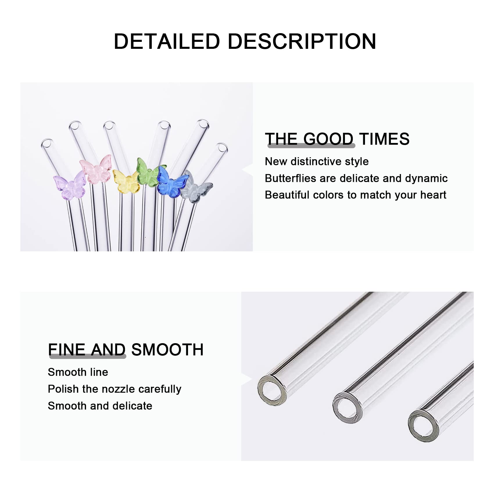 DUMING-IN 6 Pcs Reusable Glass Straws with 2 Cleaning Brushes, Cute Colorful Butterfly Glass Straws Shatter Resistant, Reusable Straws Dishwasher Safe for Juices, Smoothies, Milkshakes, Teas