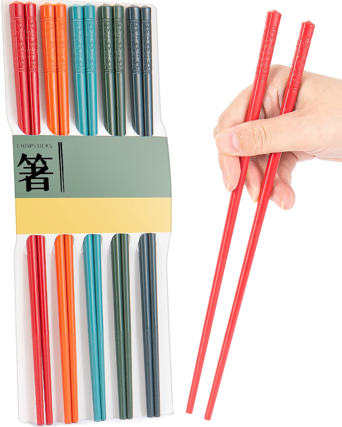 Chopsticks,LIANGKEN 5 Pairs Dishwasher Safe Fiberglass Chopsticks Set,9.5 Inch Reusable Japanese Chinese Chopsticks , Non-Slip, Easy to Use (colorful ) (9.5 inch, colorful)