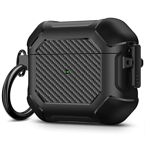 Maxjoy for for Airpods 3rd Generation Case, Carbon Fiber Secure Lock Clip Full Body Shockproof Hard Shell Protective Apple for Airpods 3 Case Cover with Keychain for AirPod 3rd Gen 2021 for Men, Black