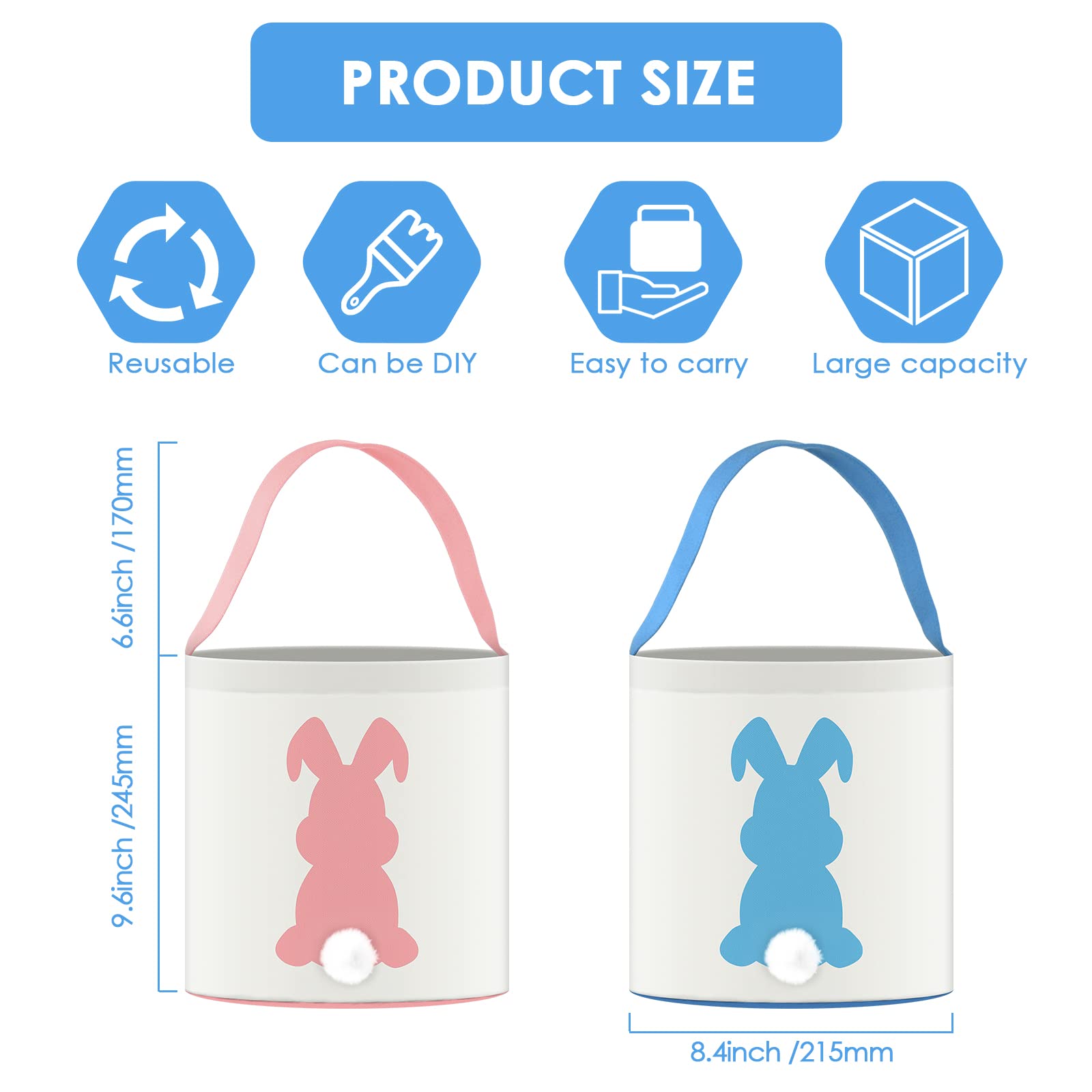 Easter Egg Hunt Basket, 2 Pack Easter Bunny Basket with Fluffy Rabbit Tail for Kids, Easter Bunny Basket Canvas Tote for Egg Hunts, Party, Toys, Candy and Gifts (Pink,Blue)