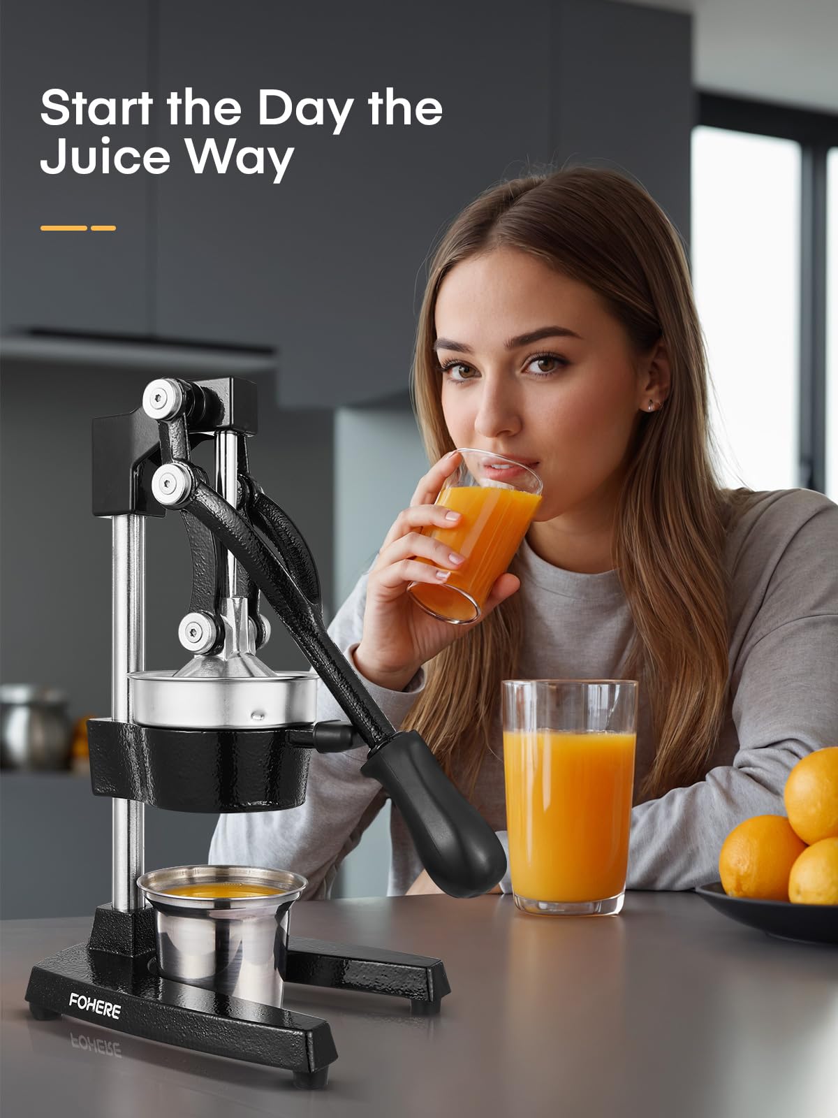 FOHERE Orange Juicer Squeezer, Cast Iron Lemon Squeezer, Commercial Citrus Juicer Hand Press for Orange, Lemon, Pomegranate, Grapefruit, Easy to Clean Citrus Squeezer with a Stainless Steel Cup