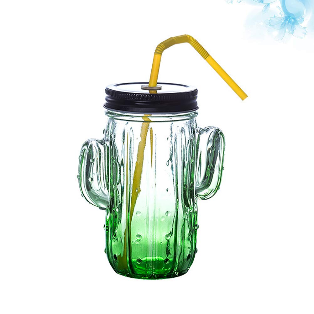 DOITOOL Drinking Glasses, Cactus Shape Glass Straw Cup Creative Juice Glass Drinking Mug for Water Juice Coffee (Cactus Glass, Green)