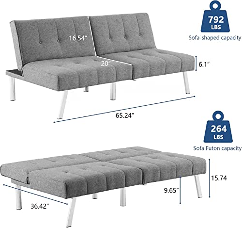 HOMEFLA Sofa Bed, Convertible Sofa with Sturdy Frame, Adjustable Sleeper Sofa for Living Room, Bedroom, Lounge, Dorm or Office Reception Room, 36" D x 65" W x 32" H, Grey