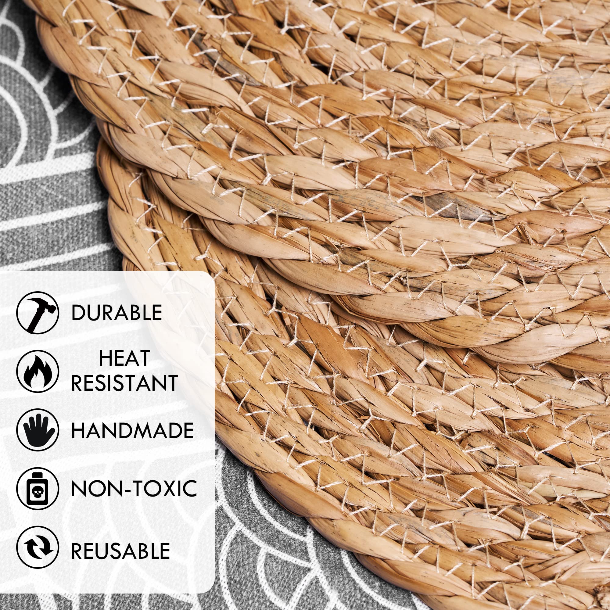 Defined Deco Woven Placemats Set of 10,12" Round Rattan Placemats,Natural Hand-Woven Water Hyacinth Placemats,Farmhouse Weave Place Mats,Rustic Braided Wicker Table Mats for Dining Table,Home,Wedding.