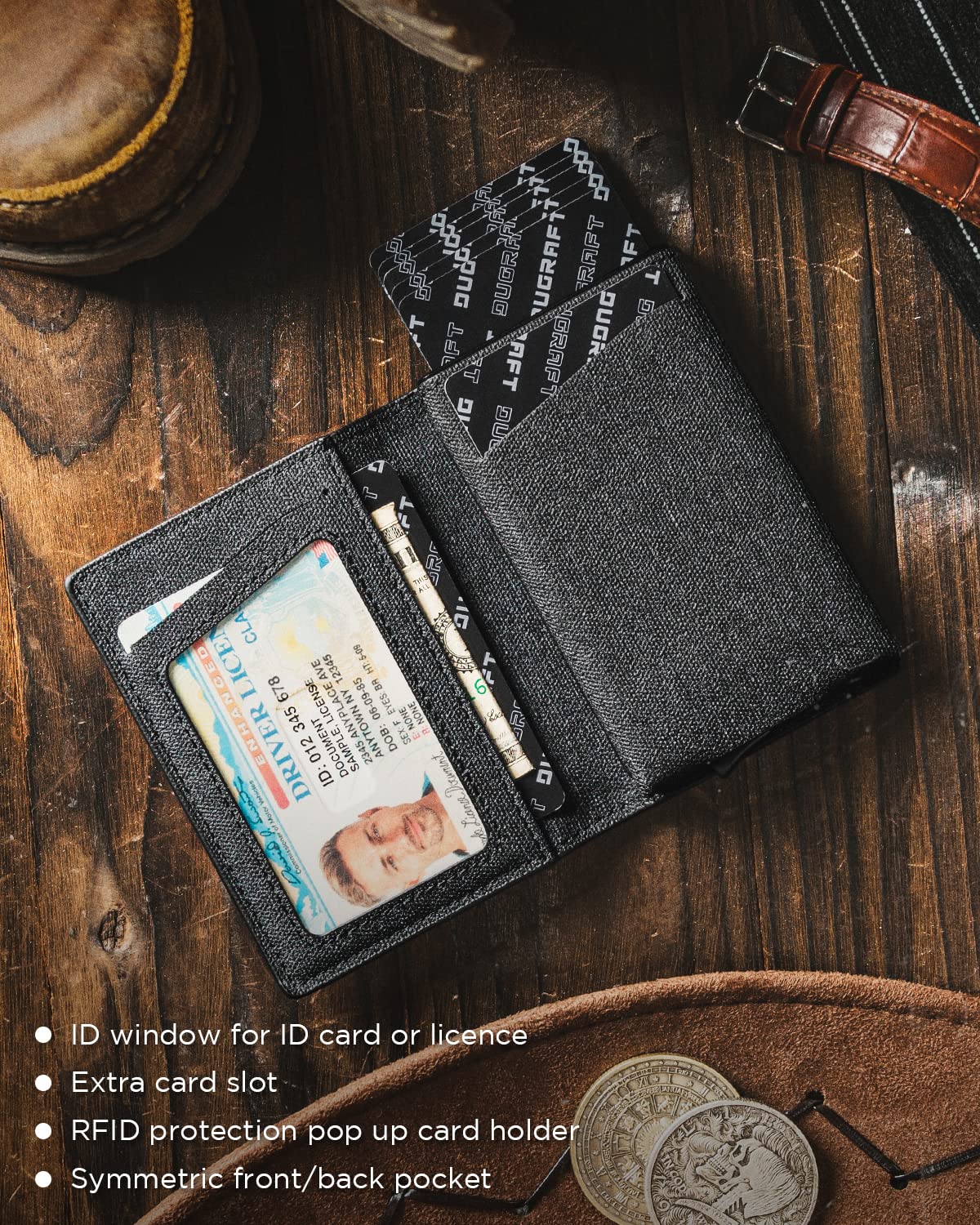 DUGRAFT Card Holder Wallet with ID Window, Mens RFID Blocking Minimalist Slim Pop-Up Wallet Aluminum Metal Credit Card Case, Holds 10 Cards