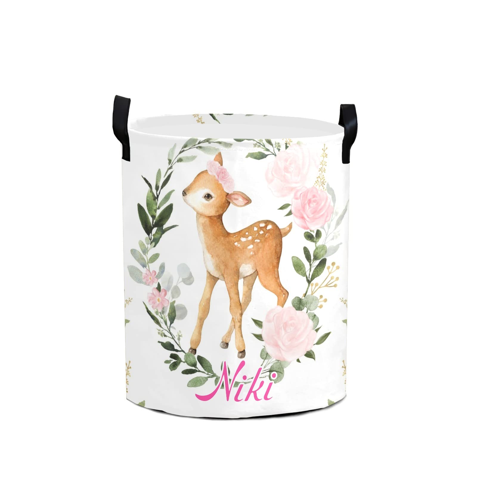Deer Pink Floral Roses Laundry Basket Personalized with Name Laundry Hamper with Handle Clothes Bag Bin for Bedroom Baskets