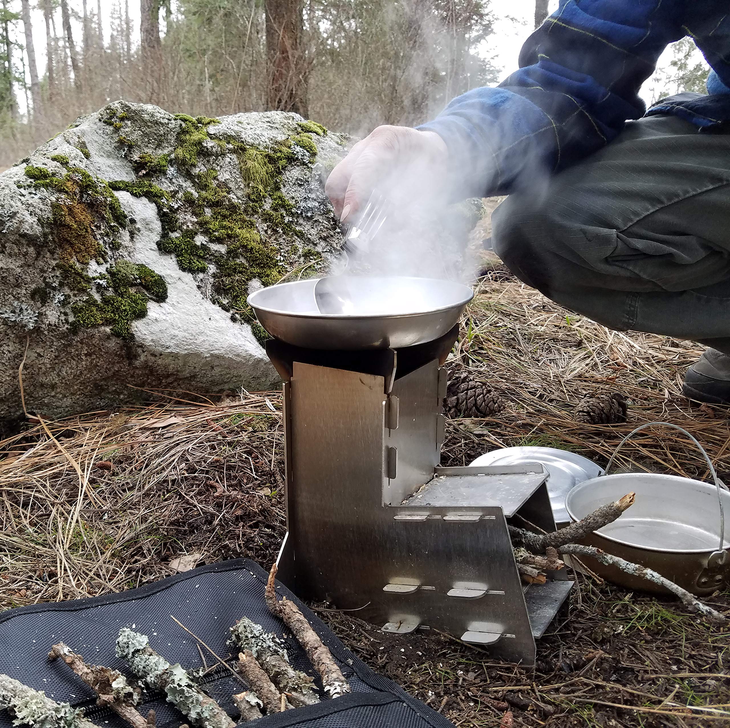 Coopers Bay Flat Pack Stove - Small Rocket Stove/Mini Twig Stove for Camping/Backpacking/Hiking - Stainless Steel Folding Rocket Stove includes Tough Ballistic Nylon Storage Bag