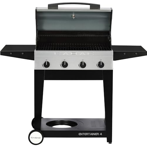 Cadac Entertainer 4 Propane Gas BBQ Grill with 4 Burners, plus Open Cart with Sides Tables and Tank Storage Shelf