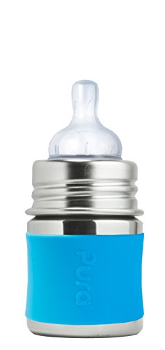 Pura Kiki 5oz/150ml Stainless Steel Anti-Colic Infant Bottle w/Silicone Natural Vent Nipple & Sleeve, Medical-Grade Silicone - Aqua