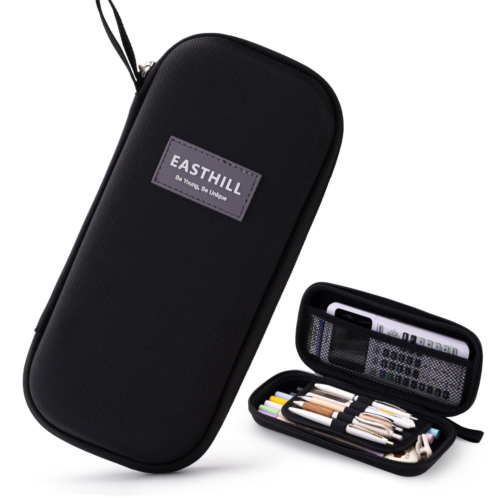 EASTHILL Hard Large Capacity Pencil Case Box, Durable Pen Pouch Bag with Zipper Compartments for Office Organizer Adluts-Black