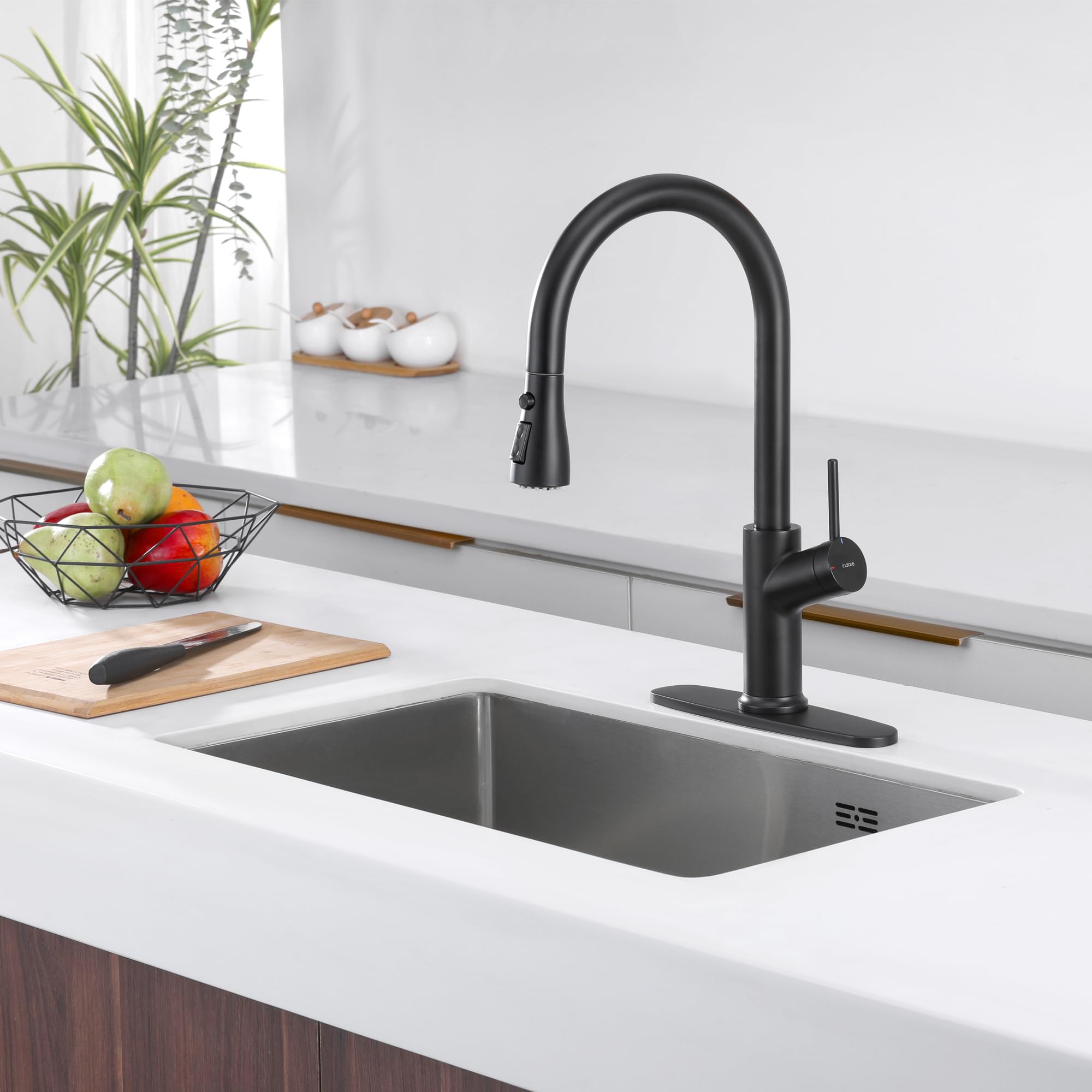 Indare Kitchen Faucets, Kitchen Faucet with Pull-Down Sprayer, Matte Black Kitchen Faucet with Deck Plate, Kitchen Faucet with Sprayer