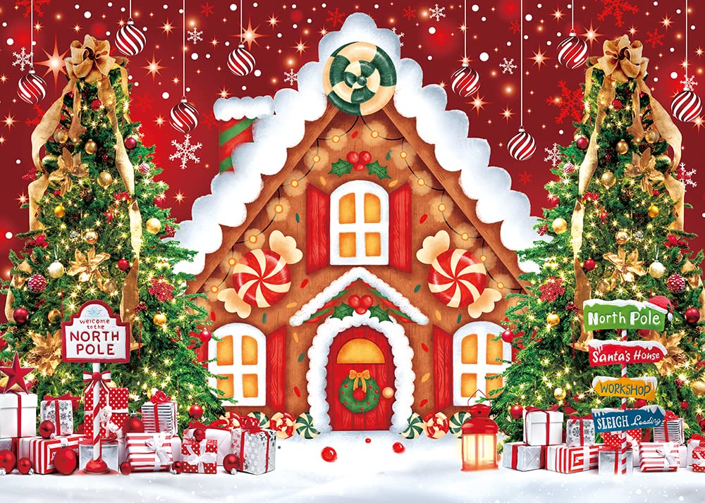 Christmas Gingerbread House Backdrop Winter Merry Xmas Tree Gift Photography Background Family Holiday Party Red Christmas Theme Backdrop Decoration 7x5FT