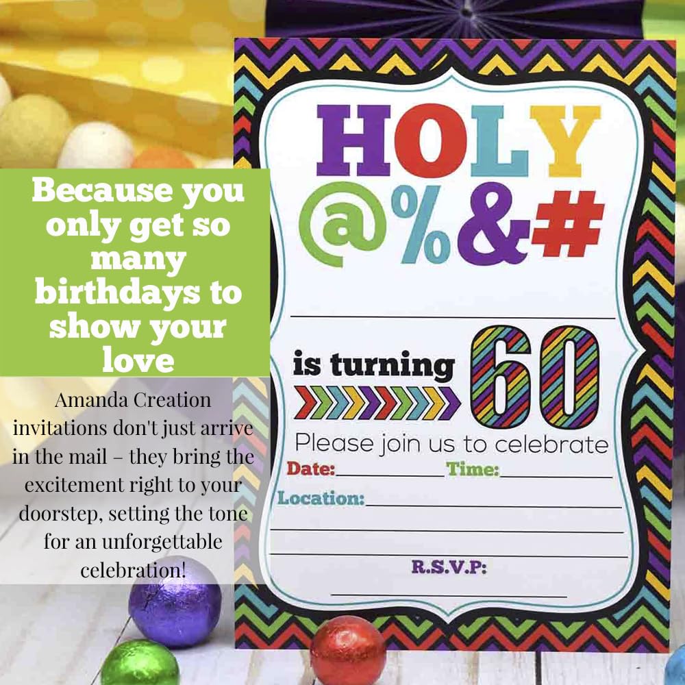 HOLY @% 60th Birthday Party Invitations, 20 Funny 5x7 Fill In Cards with Twenty White Envelopes for Milestone Birthdays by AmandaCreation